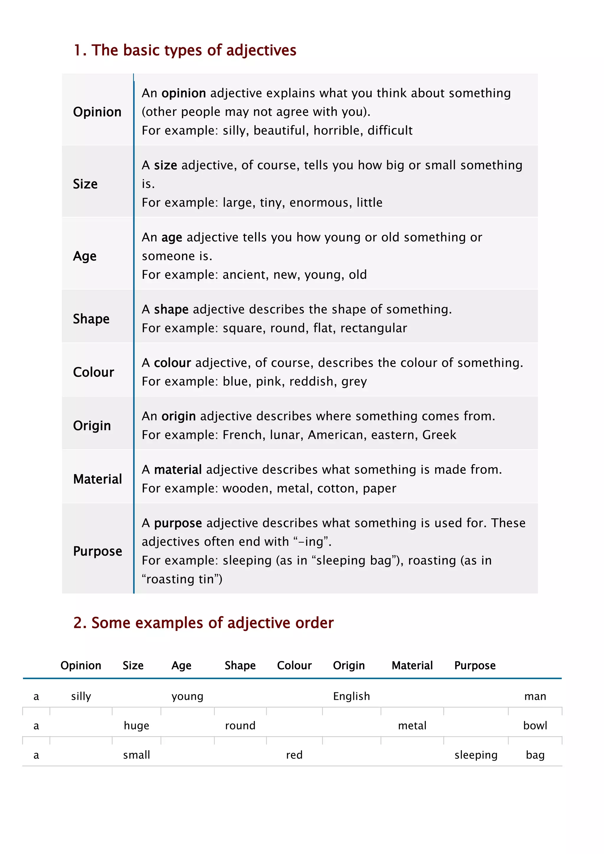 Types of adjectives and their order | PDF