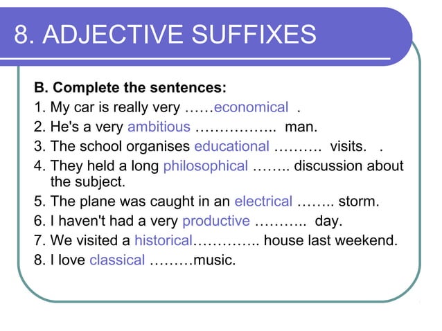 ADJECTIVE SUFFIXES | PPT | Programming Languages | Computing