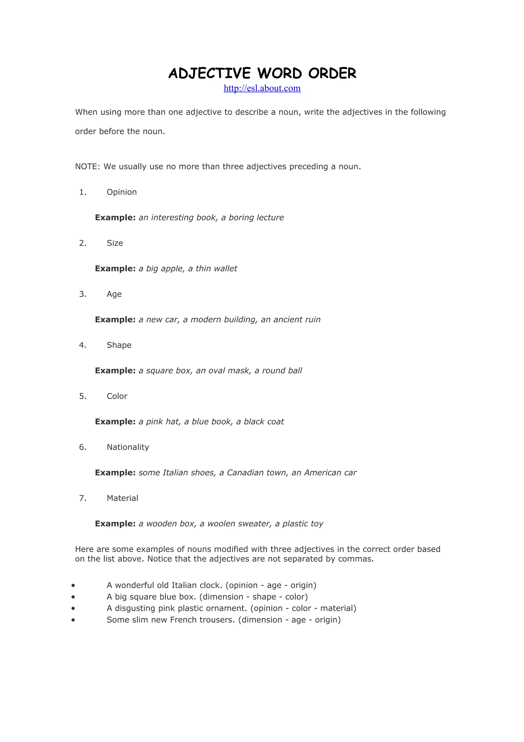 Adjective Order 2nd ESO Bil | PDF