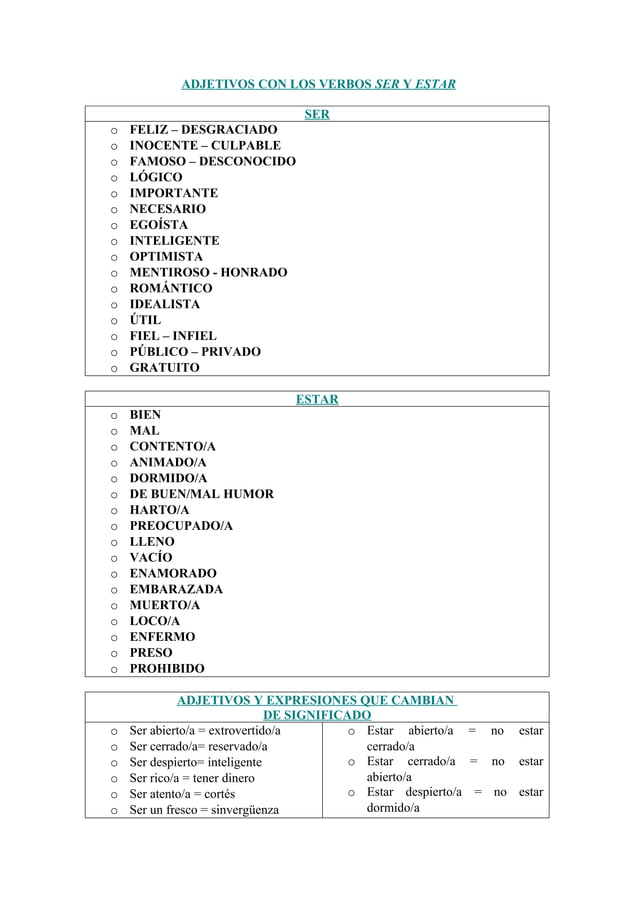 Adjetivos con los verbos ser y estar | PDF