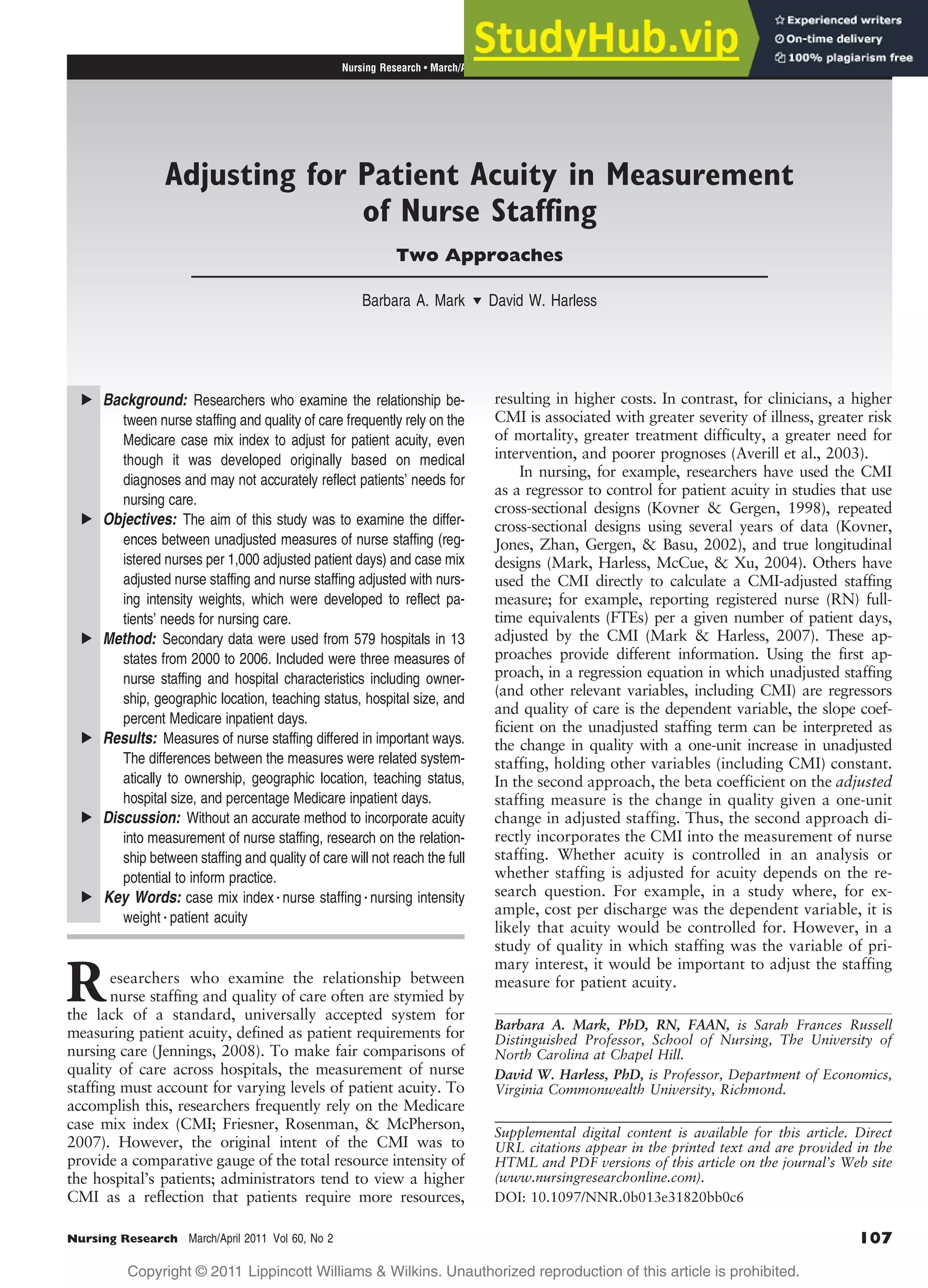 Adjusting For Patient Acuity In Measurement Of Nurse Staffing | PDF