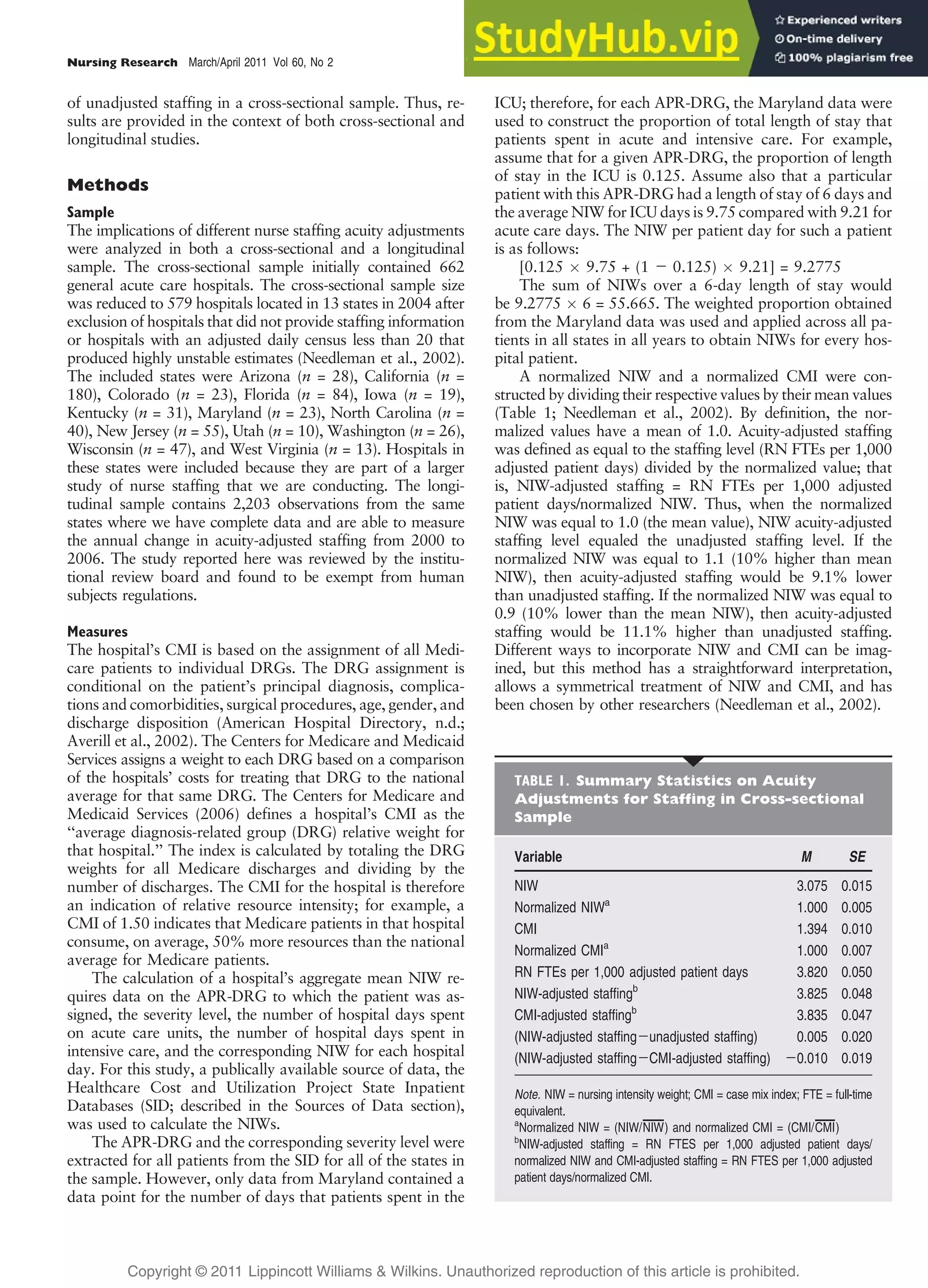 Adjusting For Patient Acuity In Measurement Of Nurse Staffing | PDF