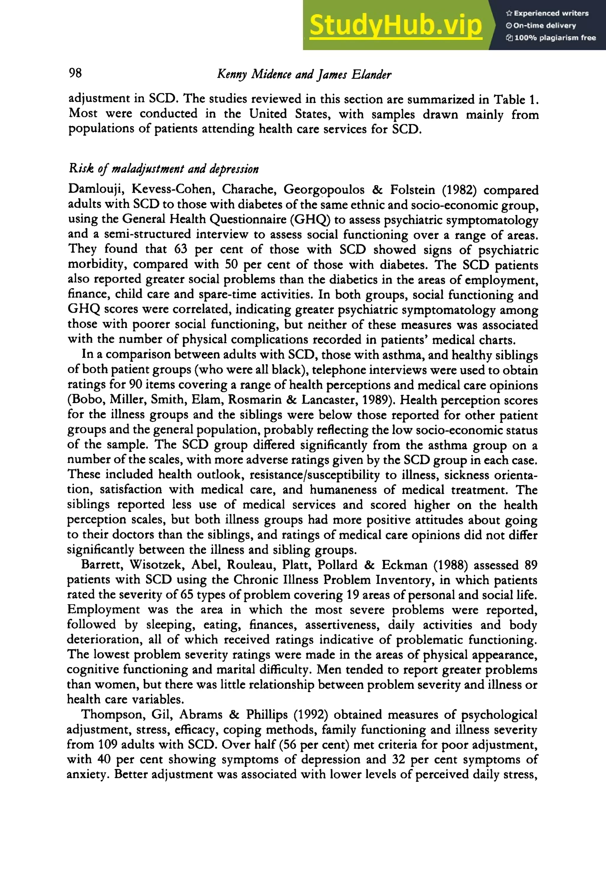 Adjustment And Coping In Adults With Sickle Cell Disease An Assessment ...