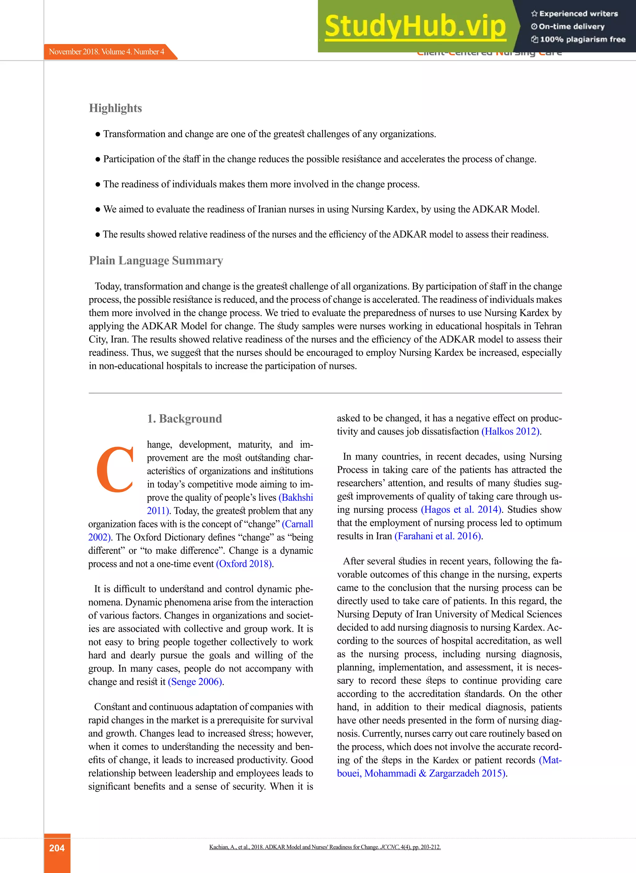 ADKAR Model And Nurses Readiness For Change | PDF