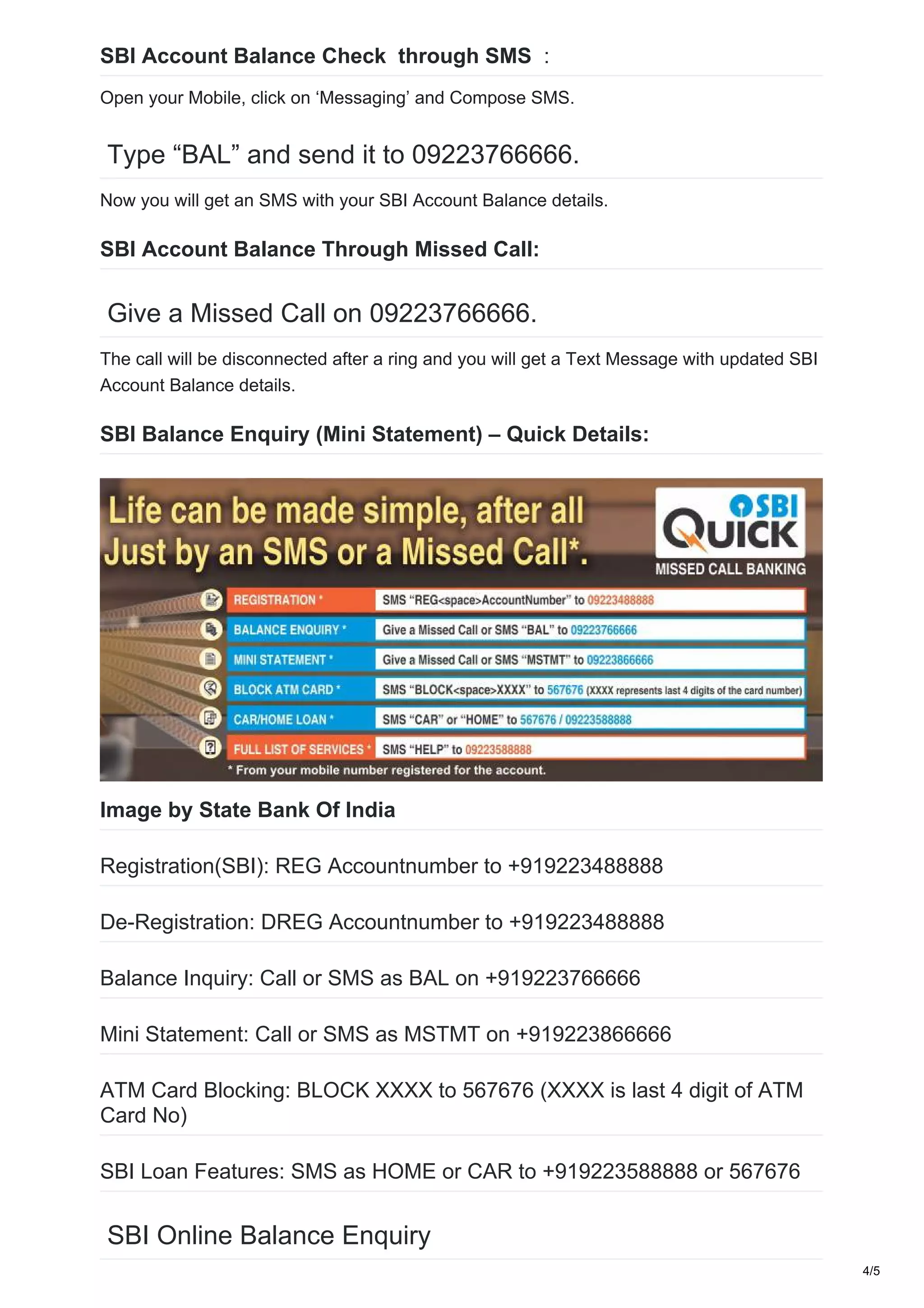 SBI Balance Enquiry [How to register mobile number in SBI] | PDF