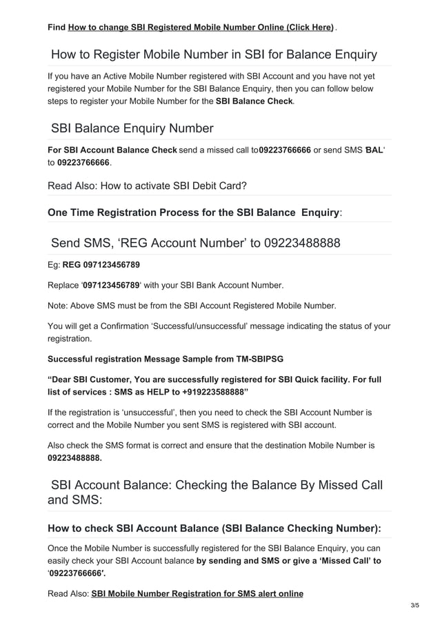 SBI Balance Enquiry [How to register mobile number in SBI] | PDF ...