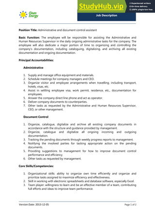 Admin-Document Control Assistant Job Description | PDF