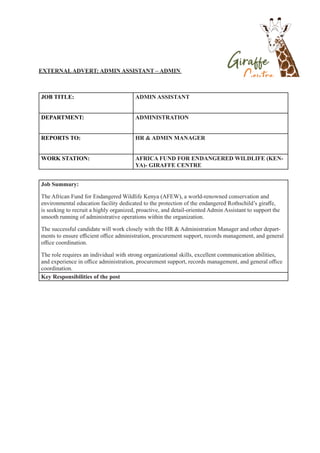 Admin Assistant Job Opportunity at Africa Fund for Endangered Wildlife ...