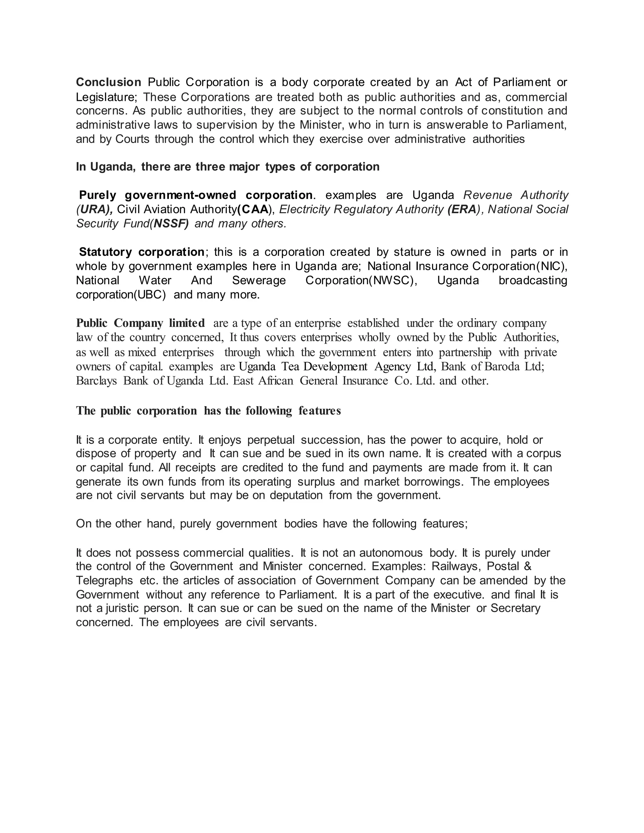 Differences between Public corporation and government owed agent Uganda ...