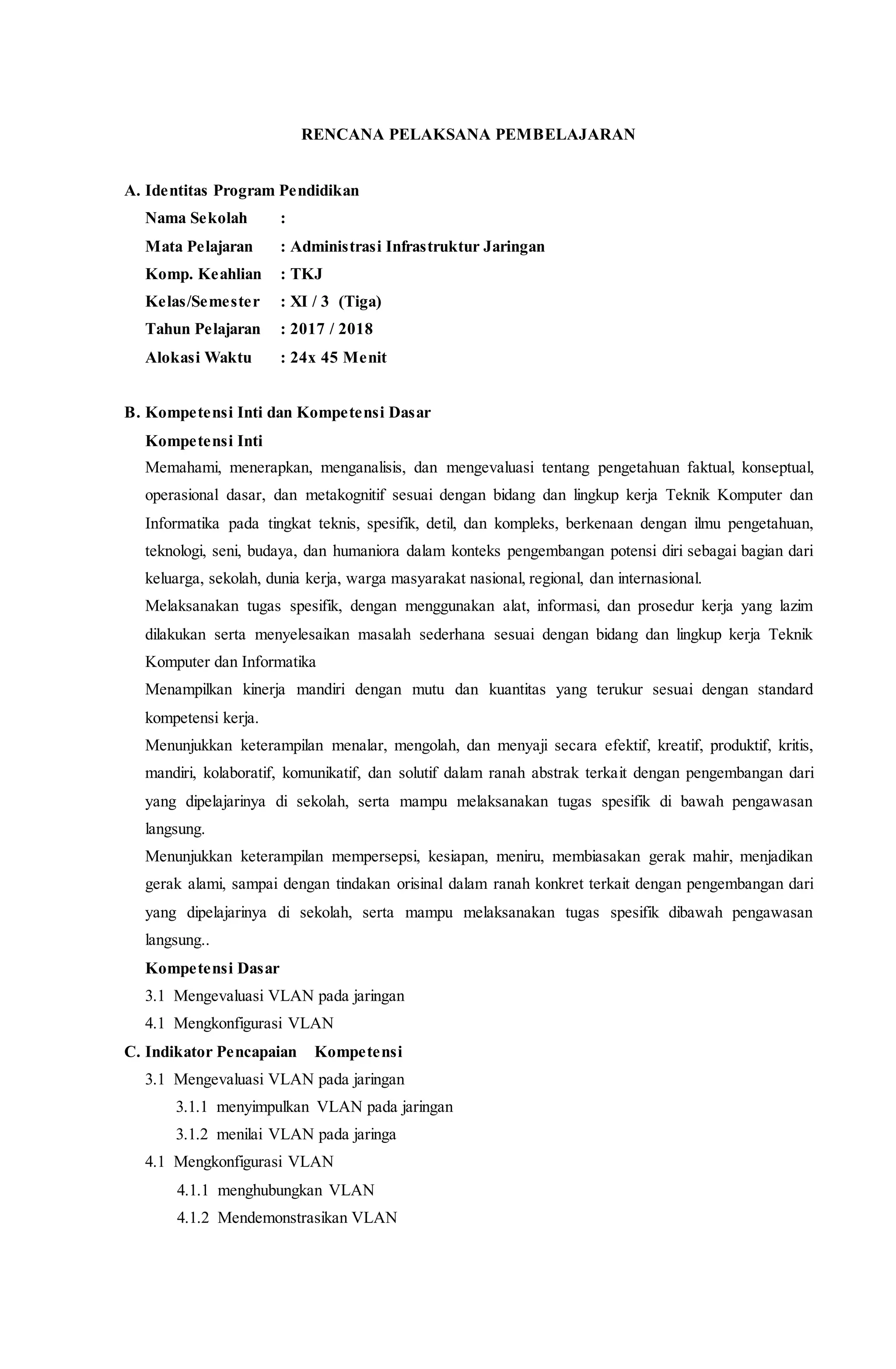 RPP - Administrasi Infrastruktur Jaringan | Kelas XI | DOCX