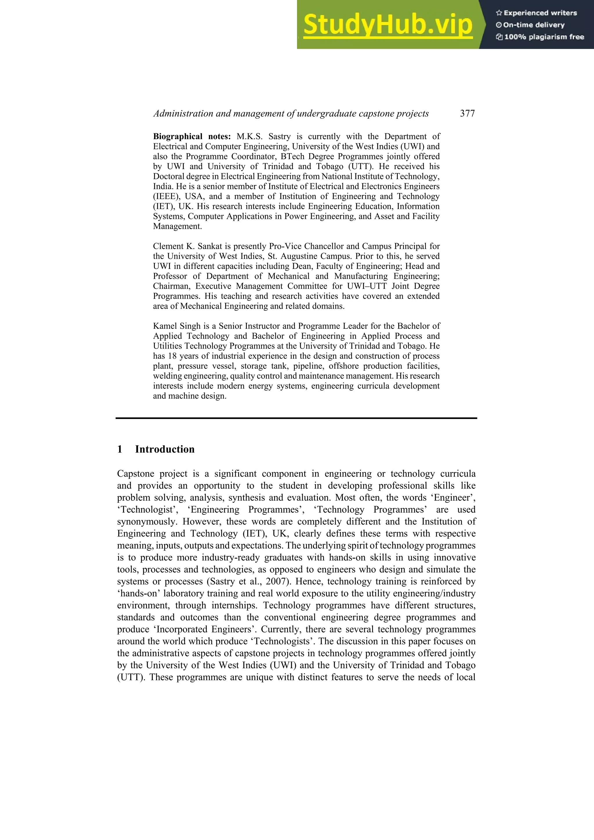 Administration And Management Of Undergraduate Capstone Projects In Joint Degree Technology ...