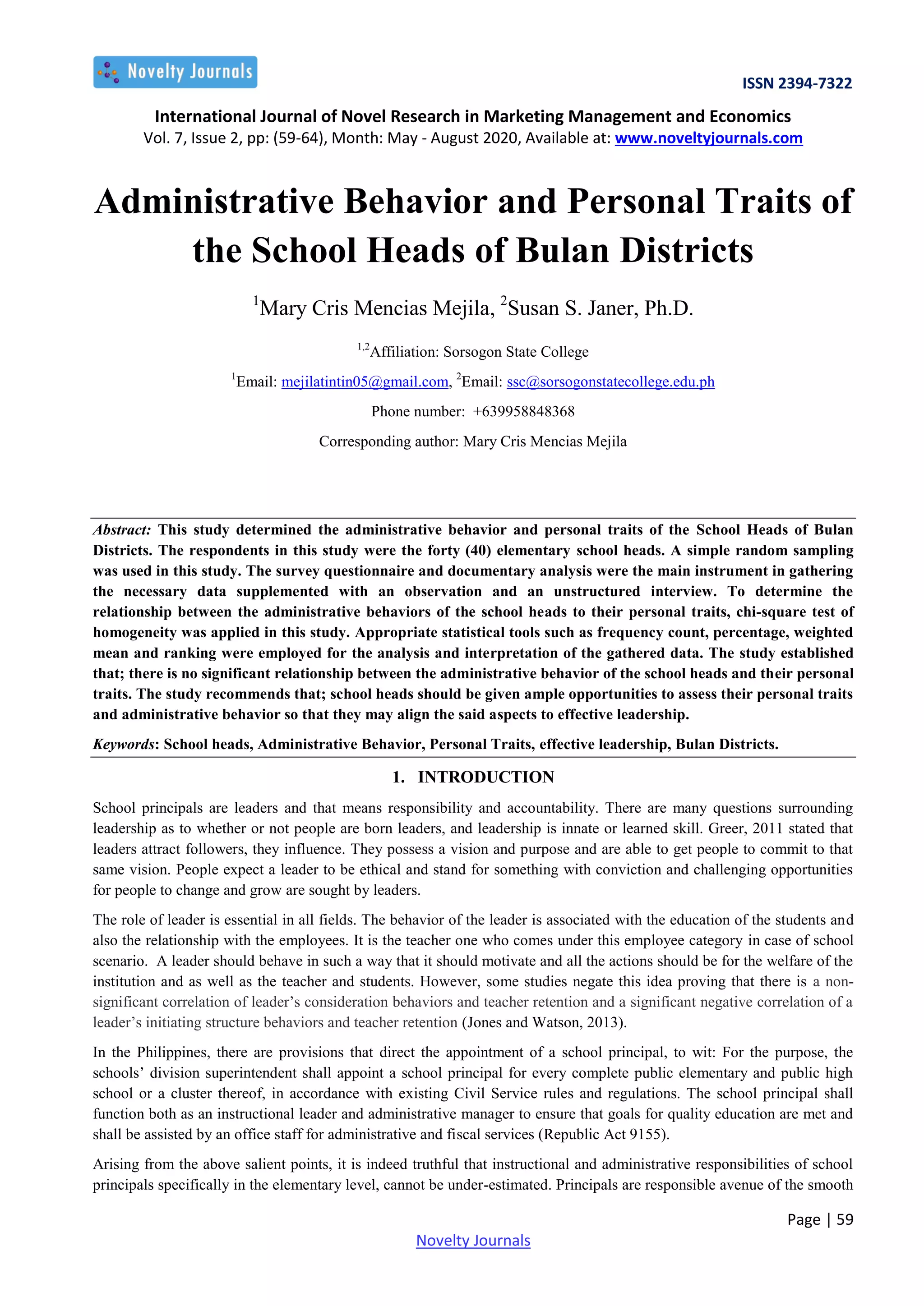 Administrative Behavior and Personal Traits of the School Heads of ...