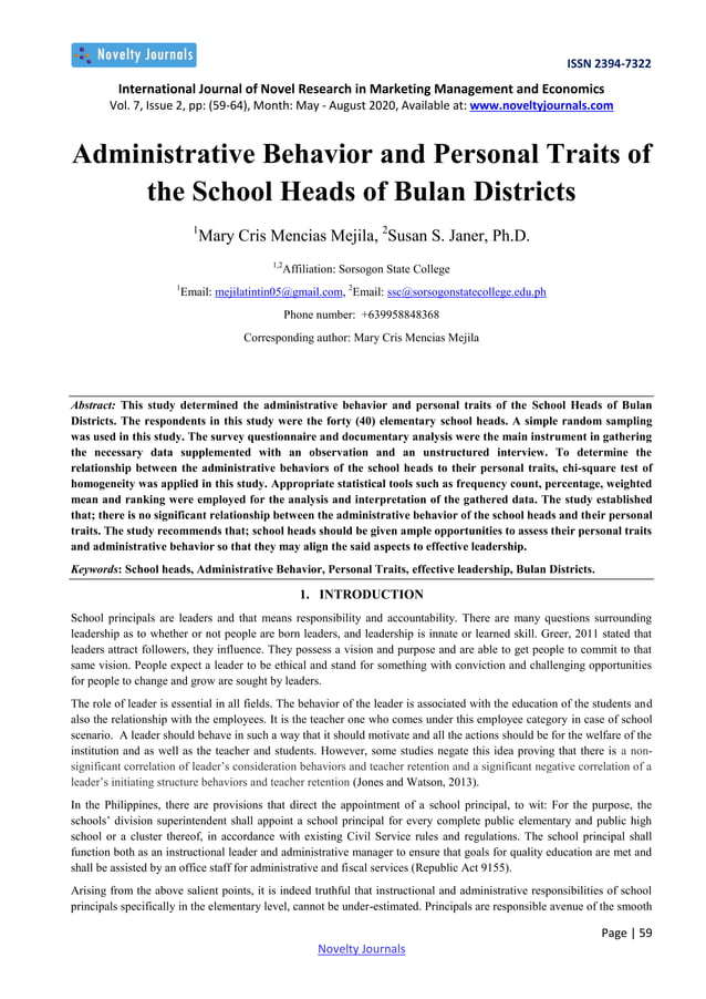 Administrative Behavior and Personal Traits of the School Heads of ...