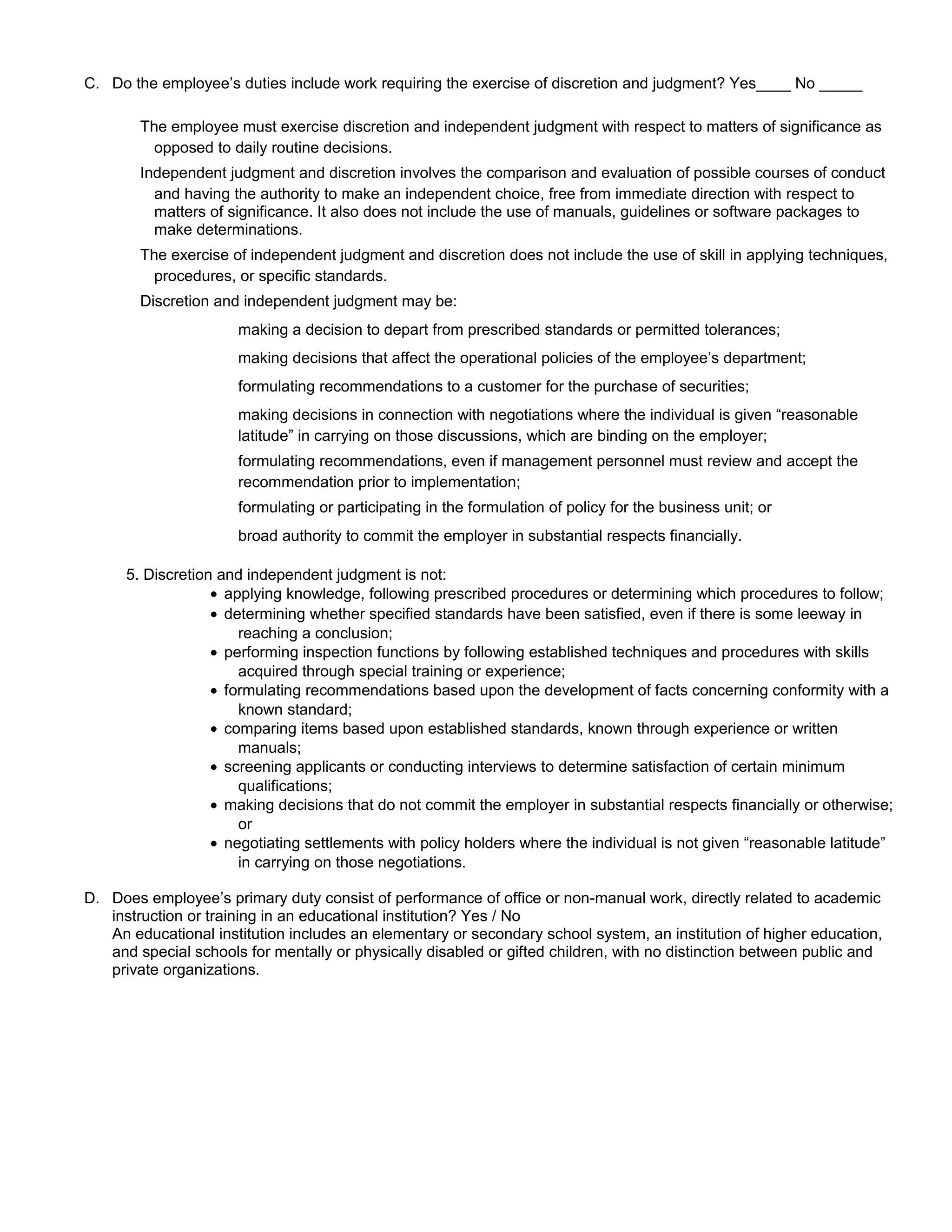 FLSA Administrative Exemption (Job Description Checklist) | DOC