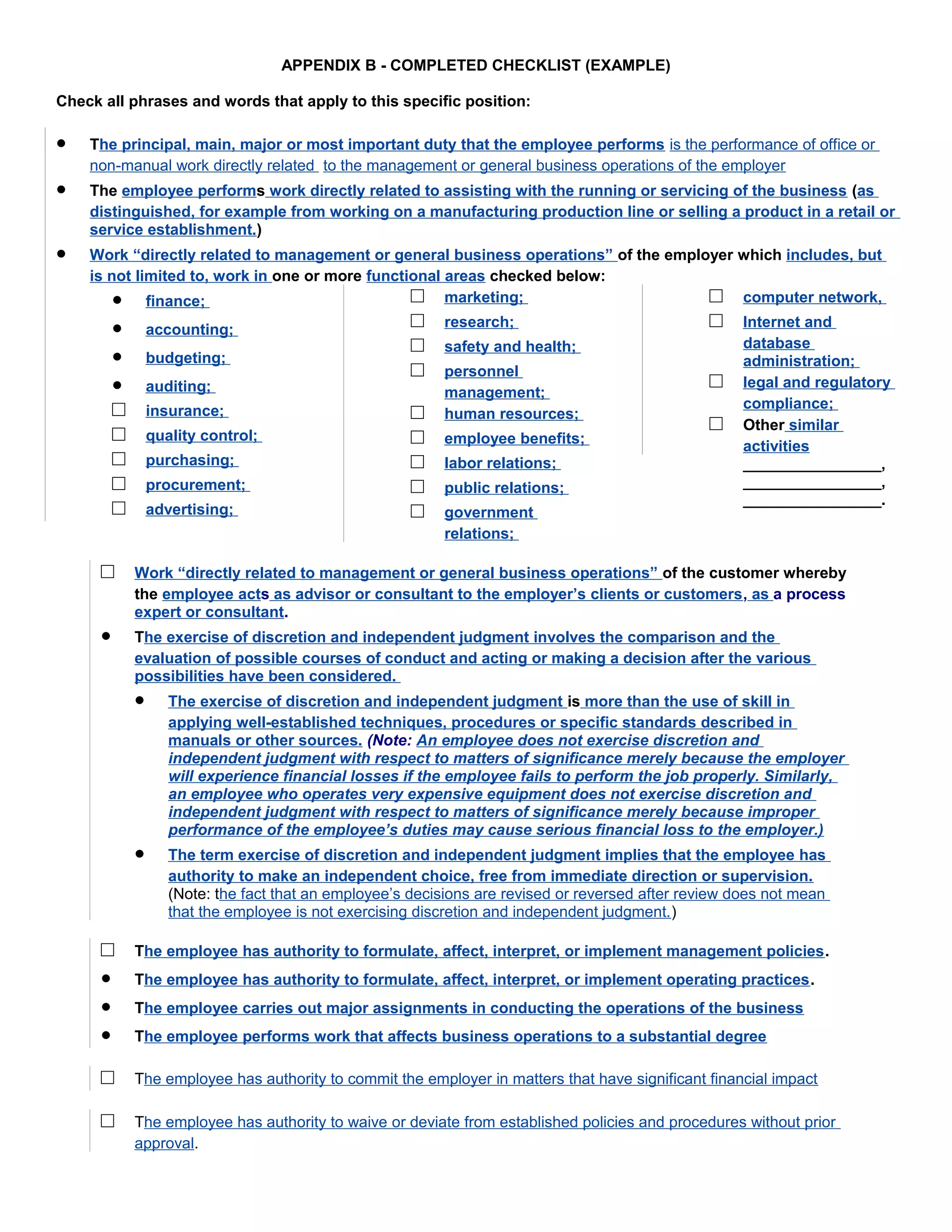 FLSA Administrative Exemption (Job Description Checklist) | DOC