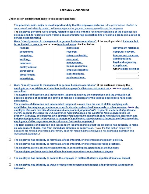 FLSA Administrative Exemption (Job Description Checklist) | DOC