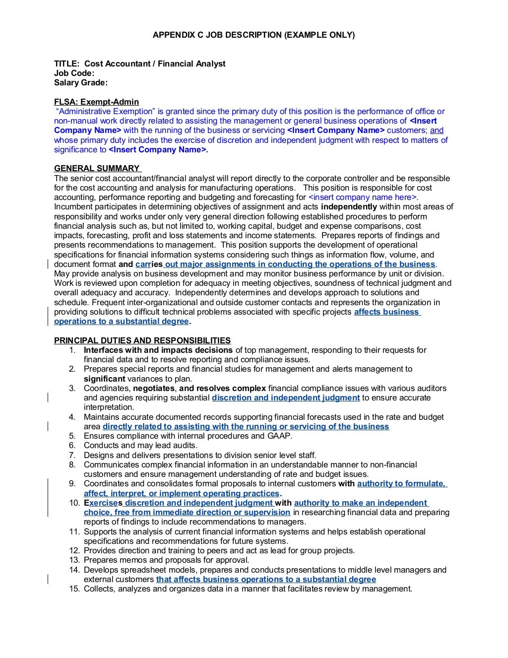 FLSA Administrative Exemption (Job Description Checklist)