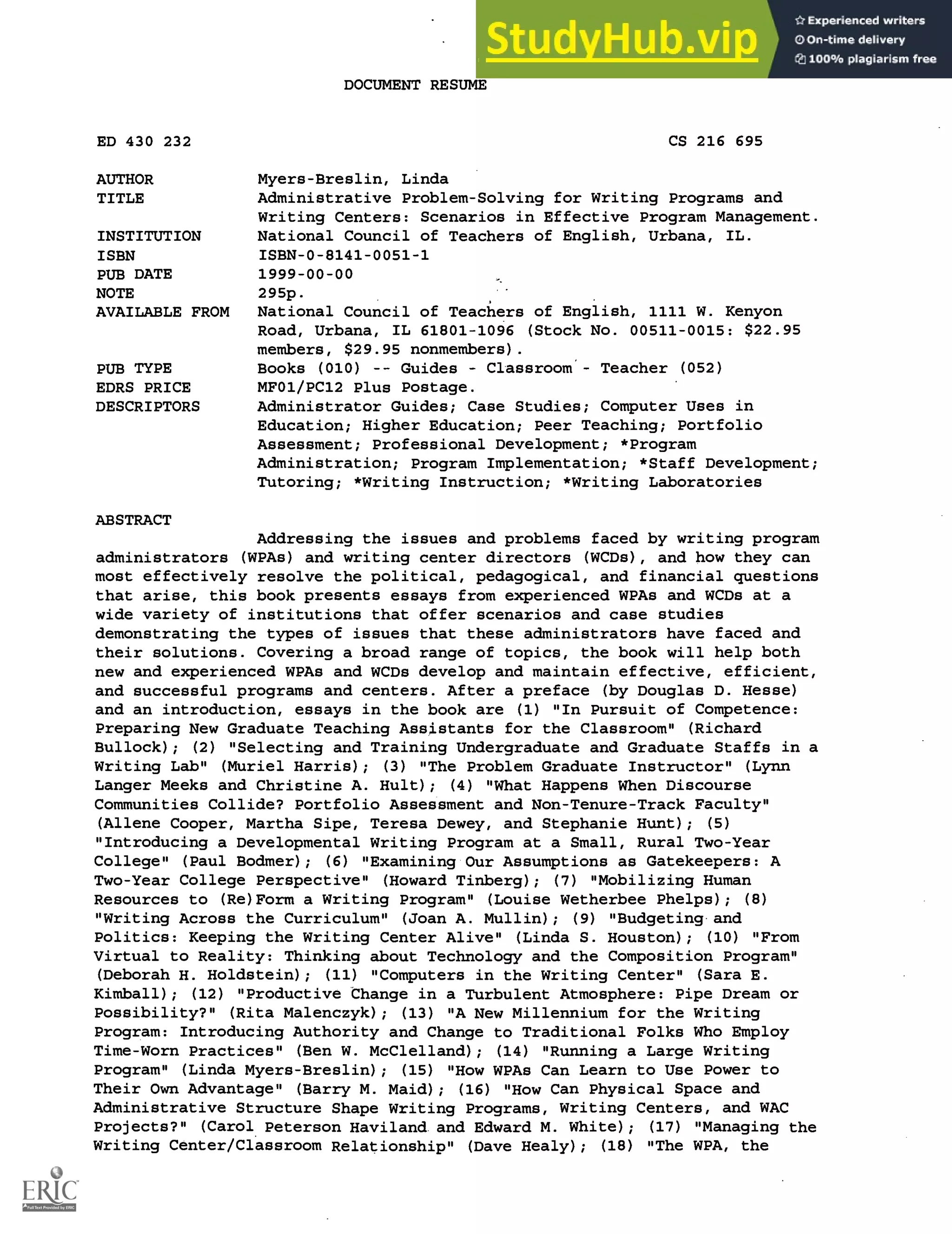 Administrative Problem-Solving For Writing Programs And Writing Centers ...