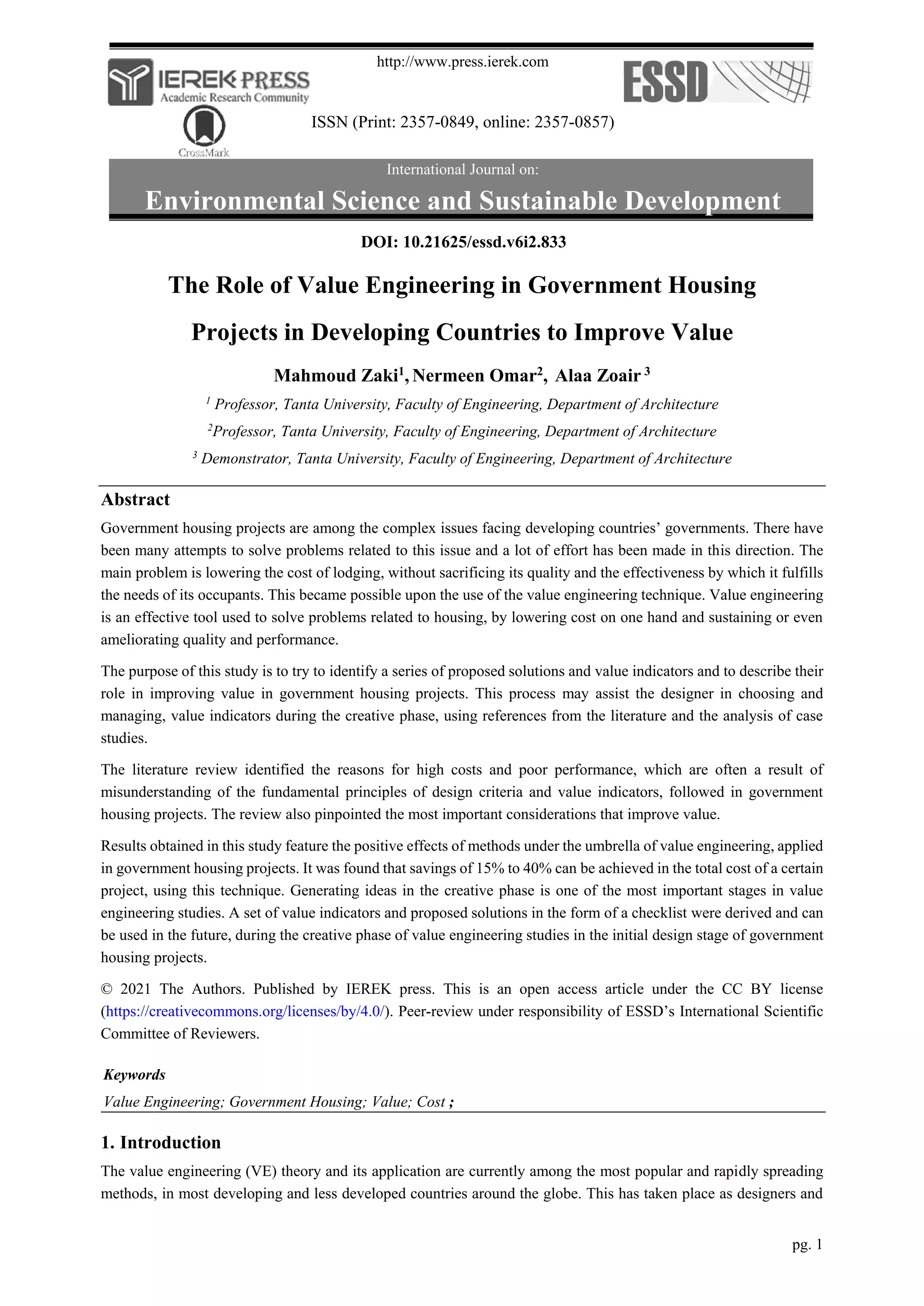 The Role of Value Engineering in Government HousingProjects in Developing Countries to Improve ...