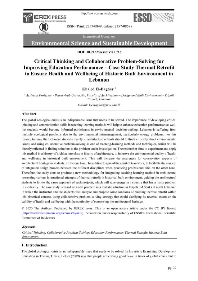 Critical Thinking and Collaborative Problem-Solving for Improving Education Performance –Case ...