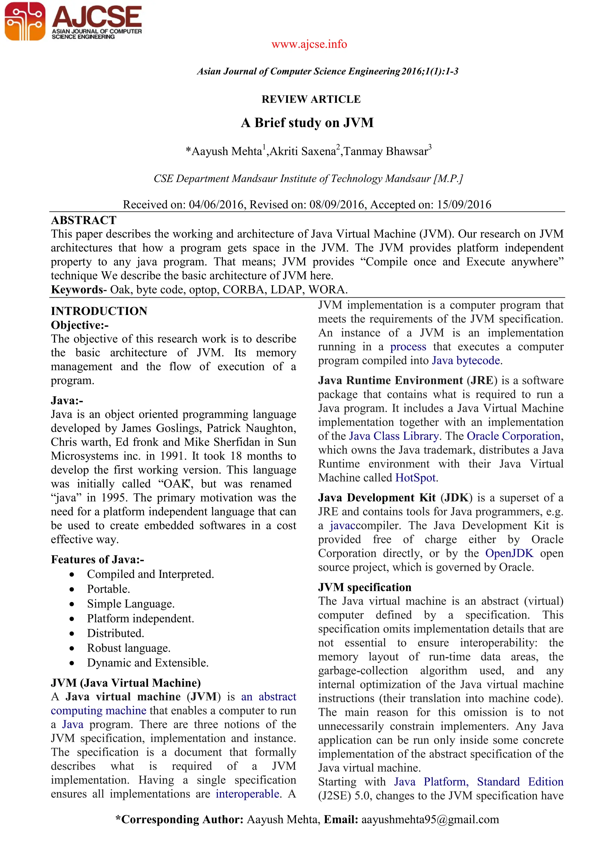 A Brief study on JVM A Brief study on JVM | PDF