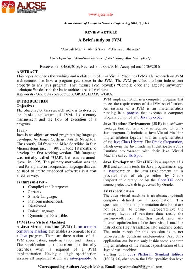 A Brief study on JVM A Brief study on JVM | PDF