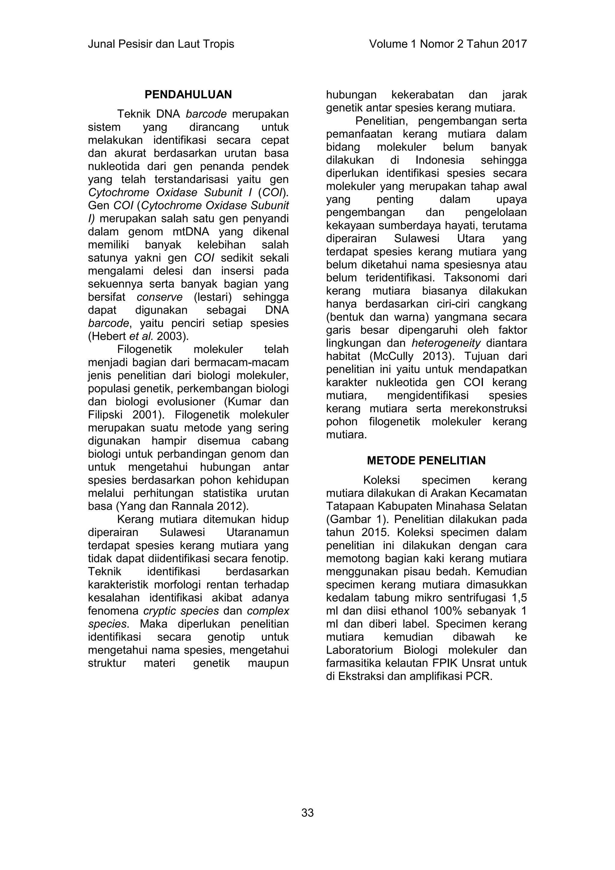 DNA BARCODE DAN ANALISIS FILOGENETIK MOLEKULER BEBERAPA JENIS BIVALVIA ...