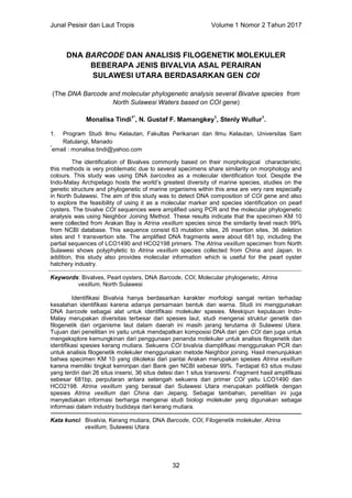 DNA BARCODE DAN ANALISIS FILOGENETIK MOLEKULER BEBERAPA JENIS BIVALVIA ...