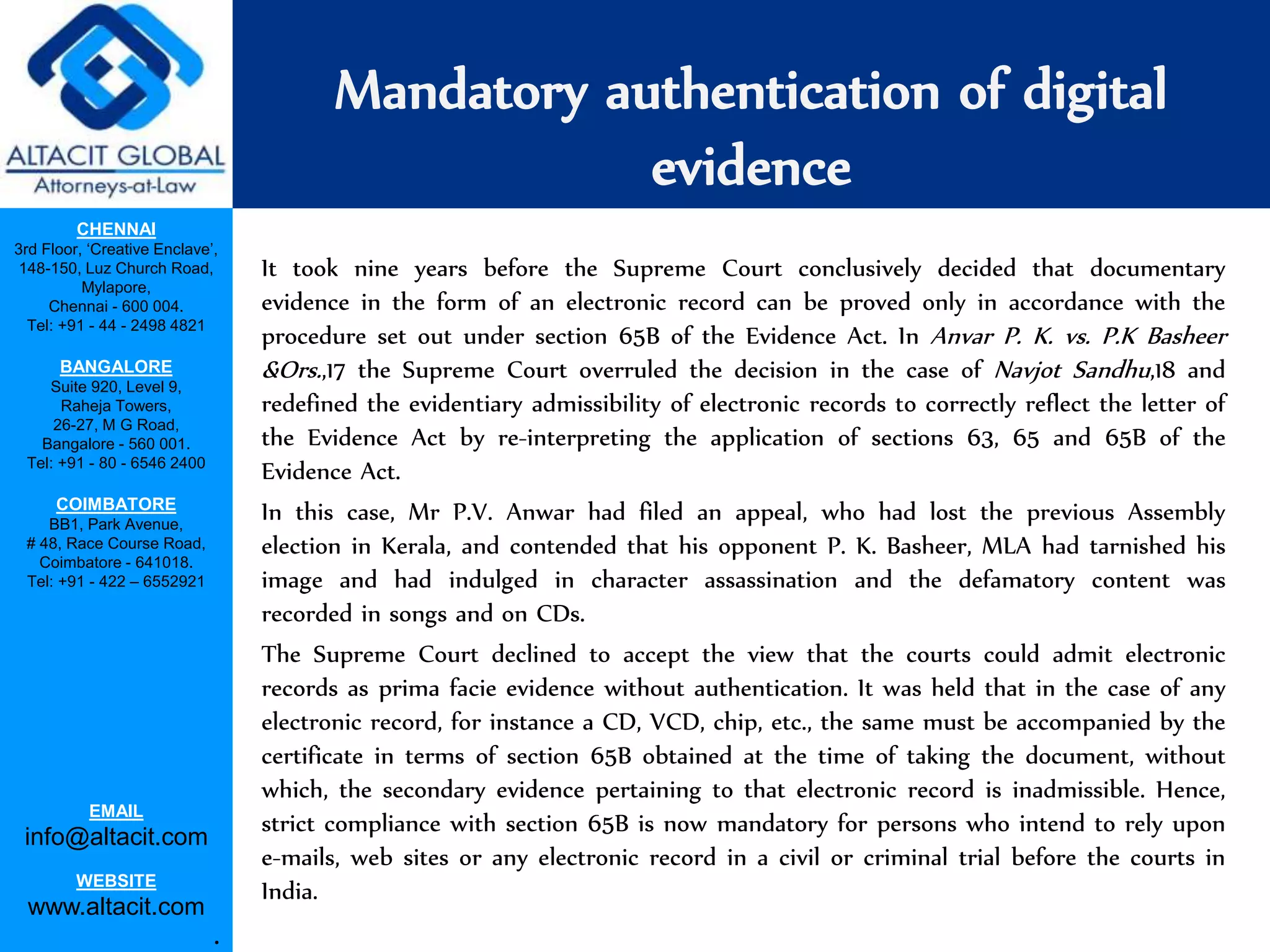 Admissibility of electronic evidence in india | PPTX