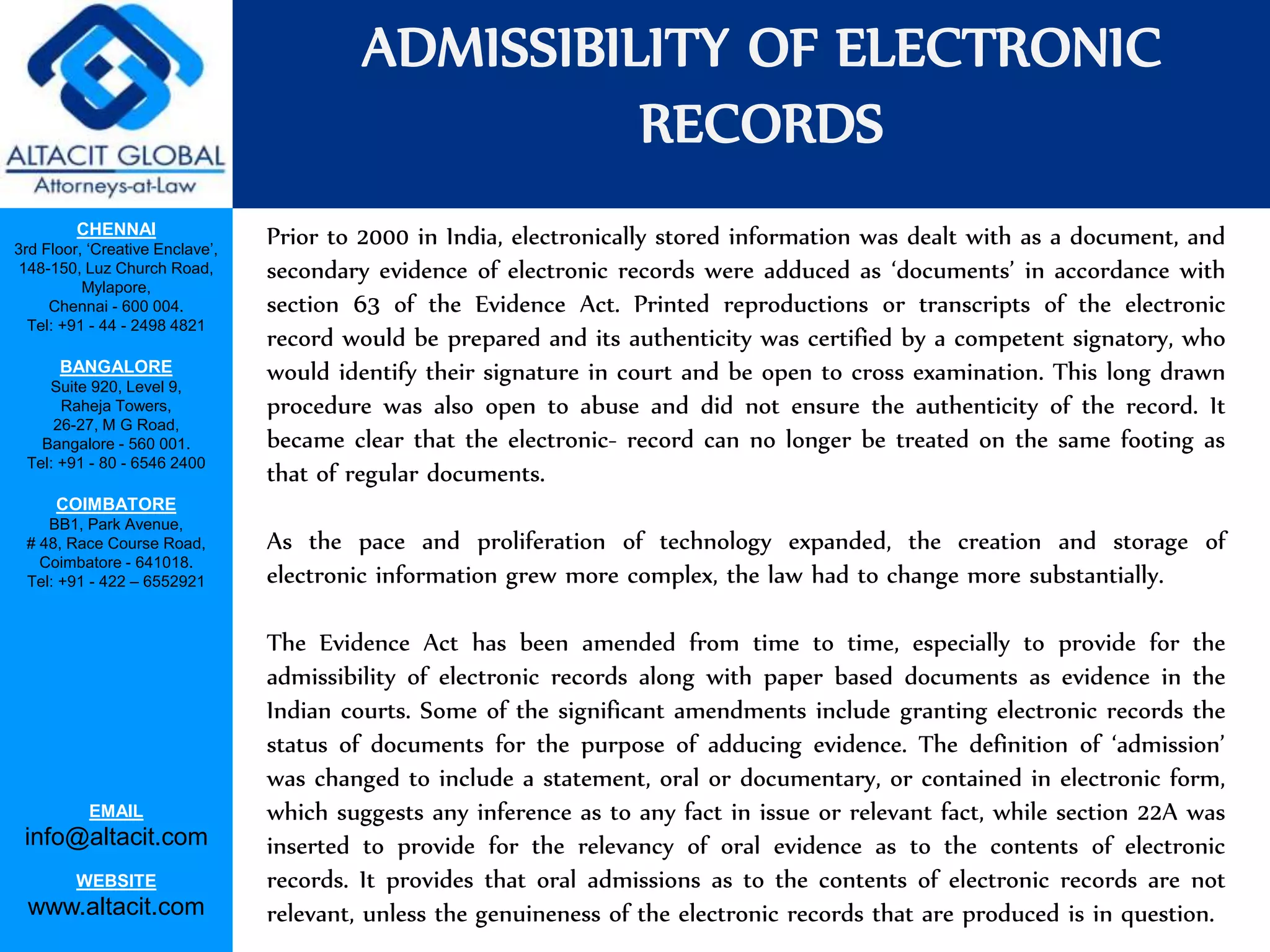 Admissibility of electronic evidence in india | PPTX