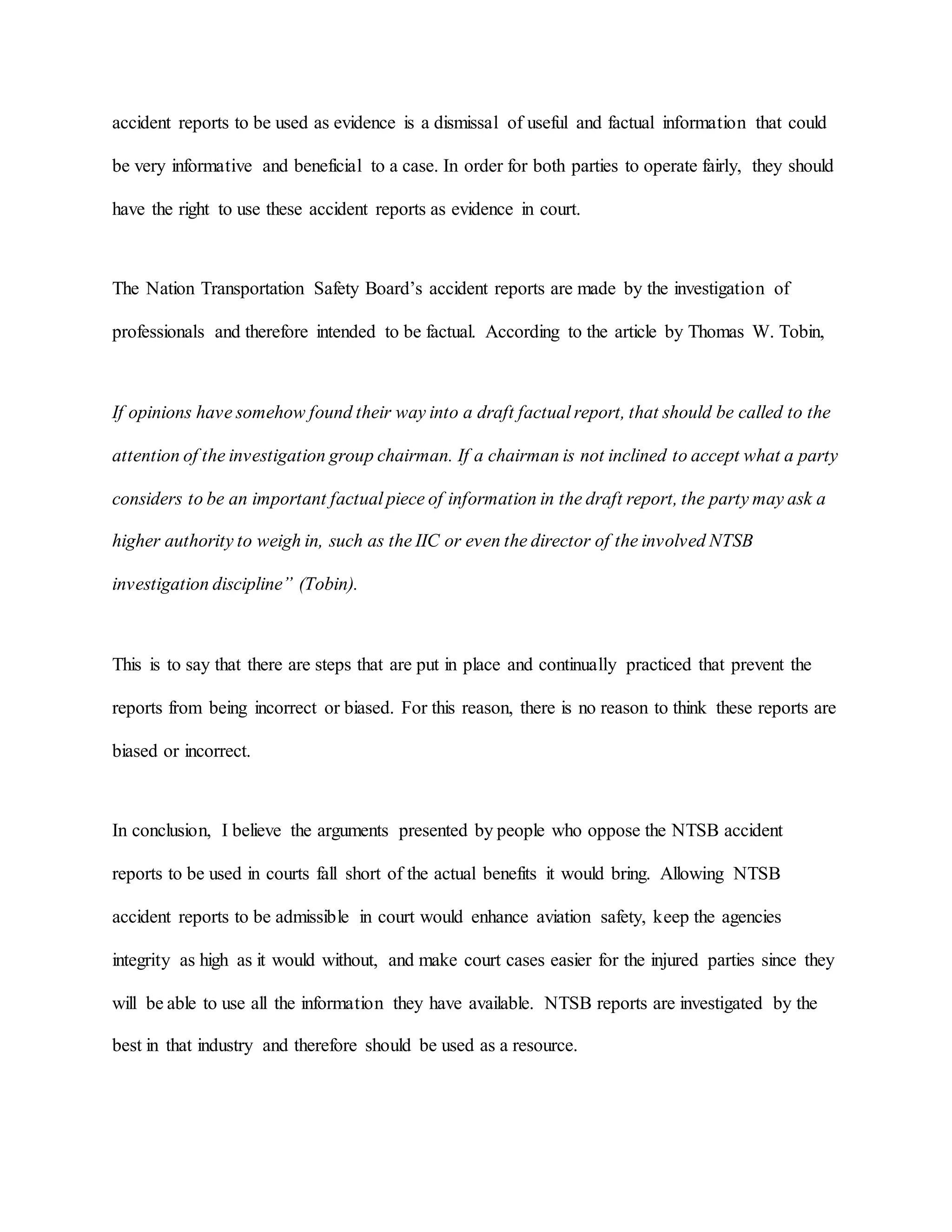 Admissibility of national transportation safety board reports | DOCX ...