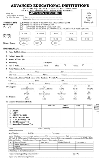 Admission form | DOC | Educational Assessment | Education