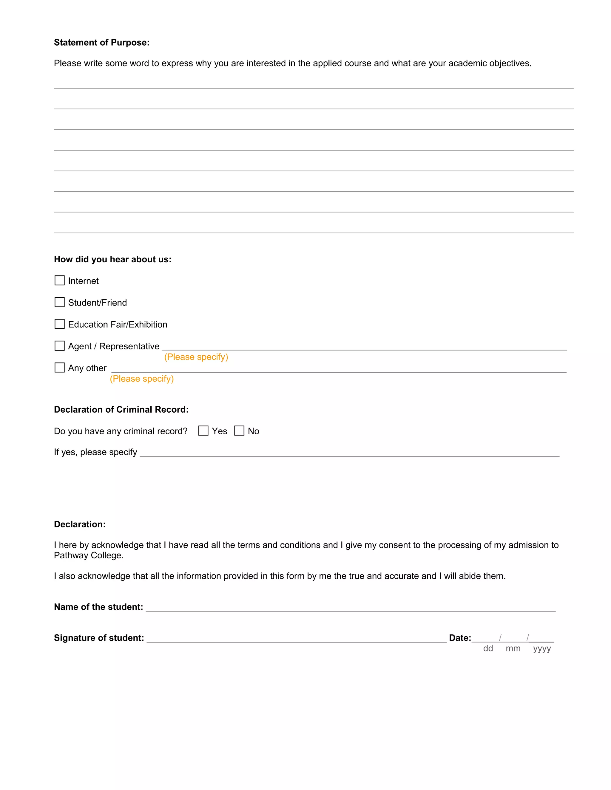 Admission Form Pathway College | PDF