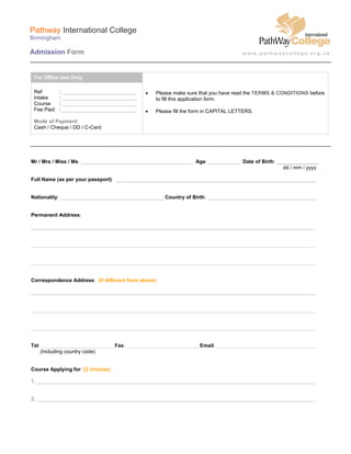 Admission Form Pathway College | PDF