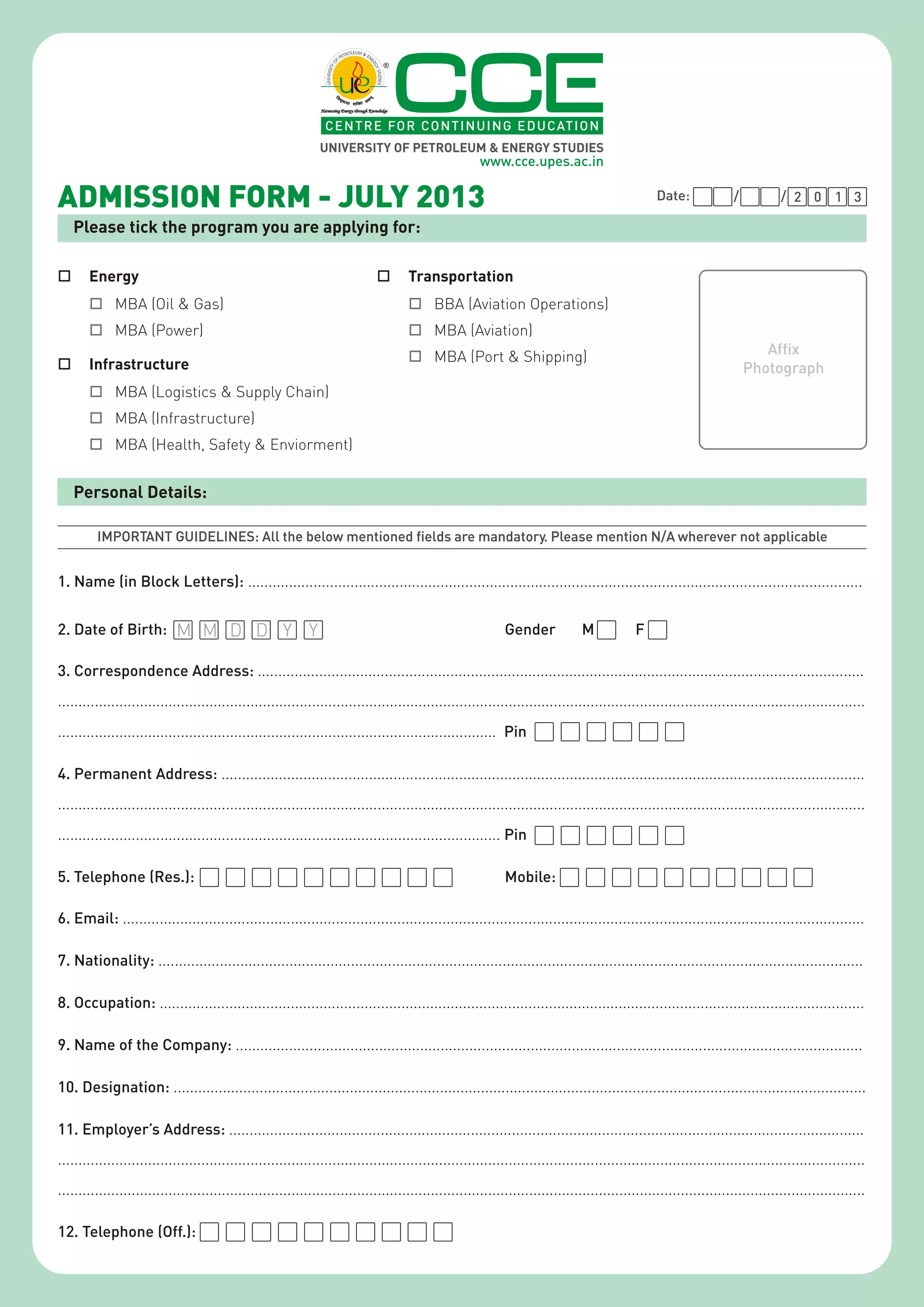 Admission form upes 2013 | PDF