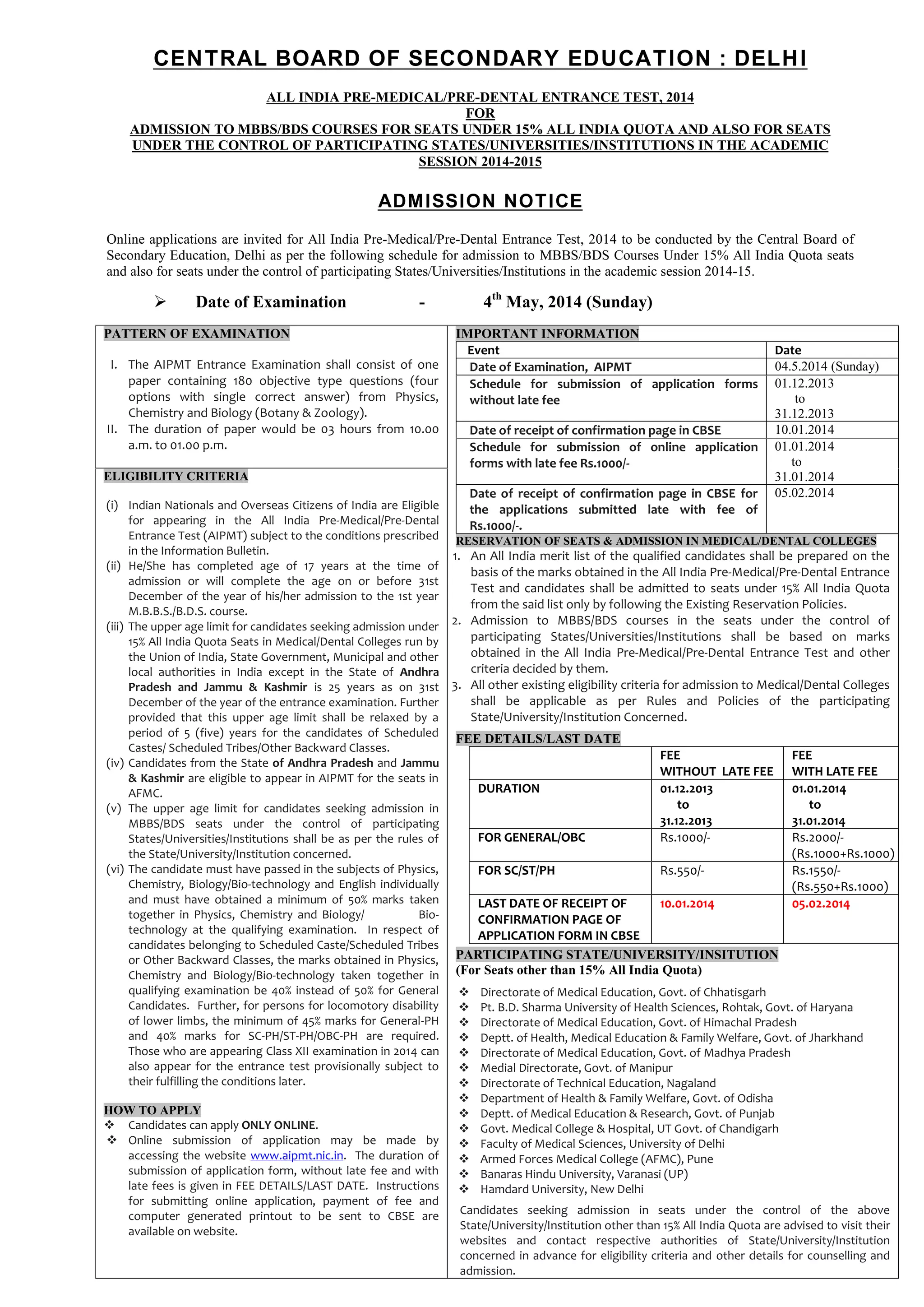 Admission notice aipmt 2014 english_2013 | PDF