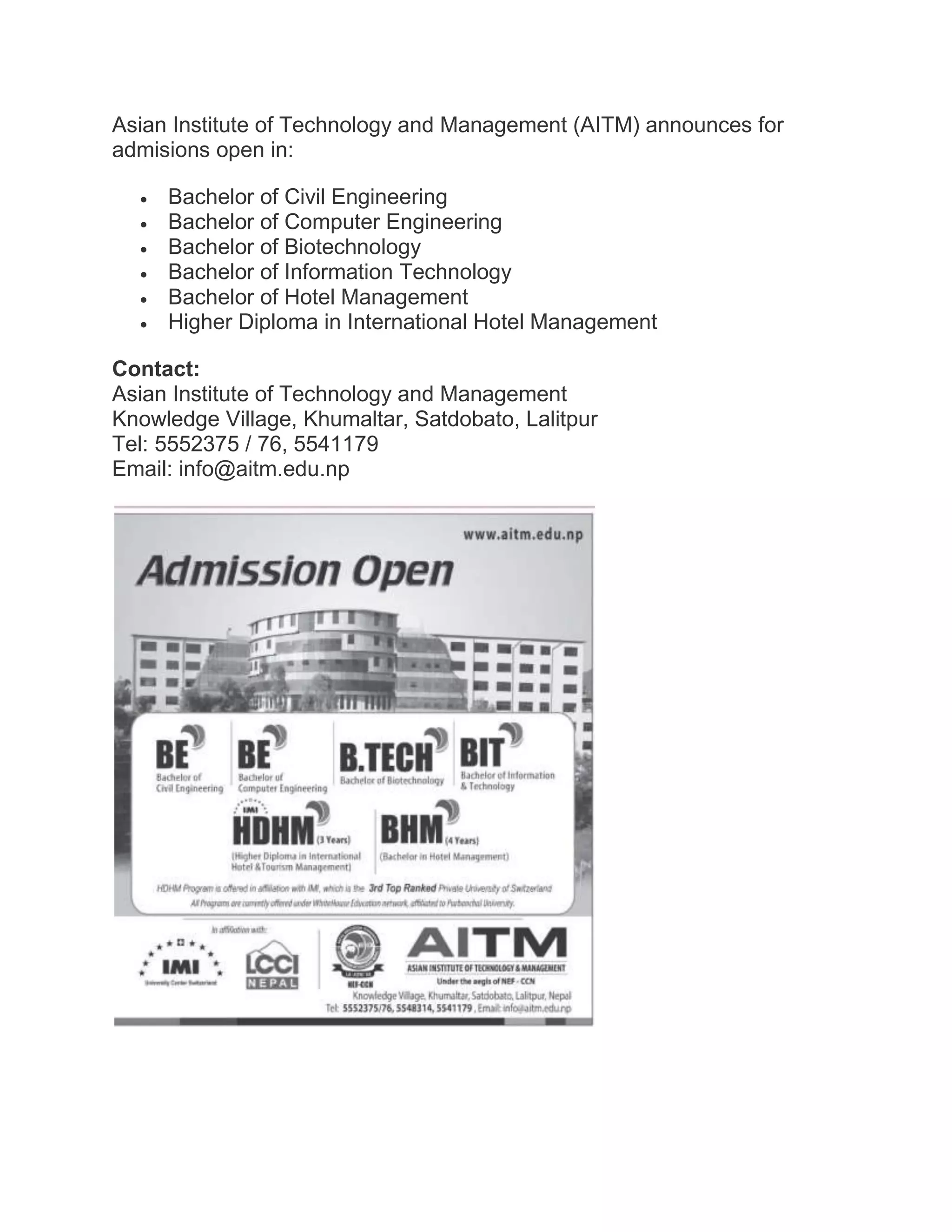 Admission open at AITM. | DOCX