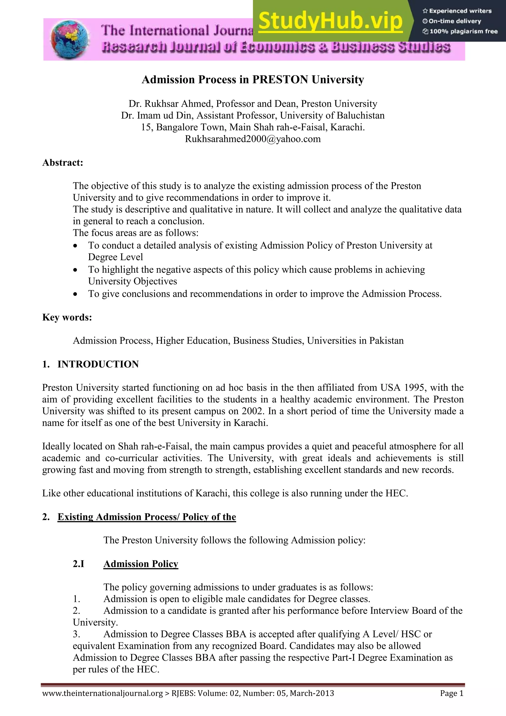ADMISSION PROCESS IN PRESTON UNIVERSITY | PDF