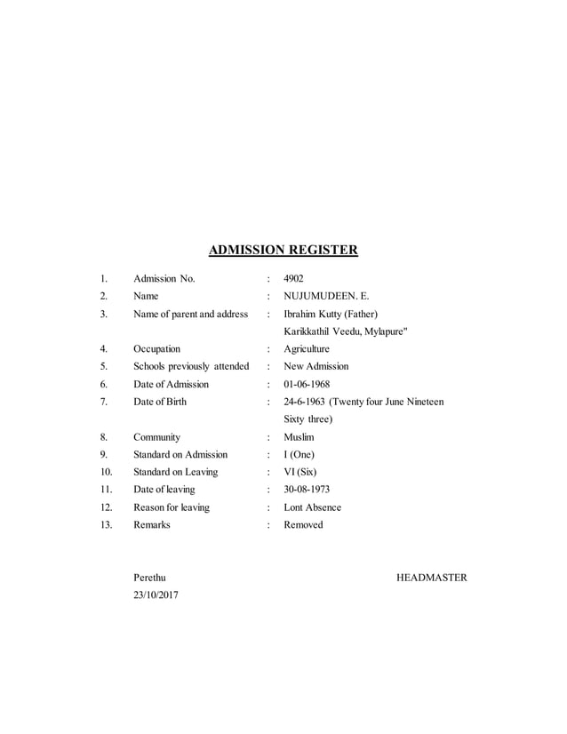 Admission register | DOCX