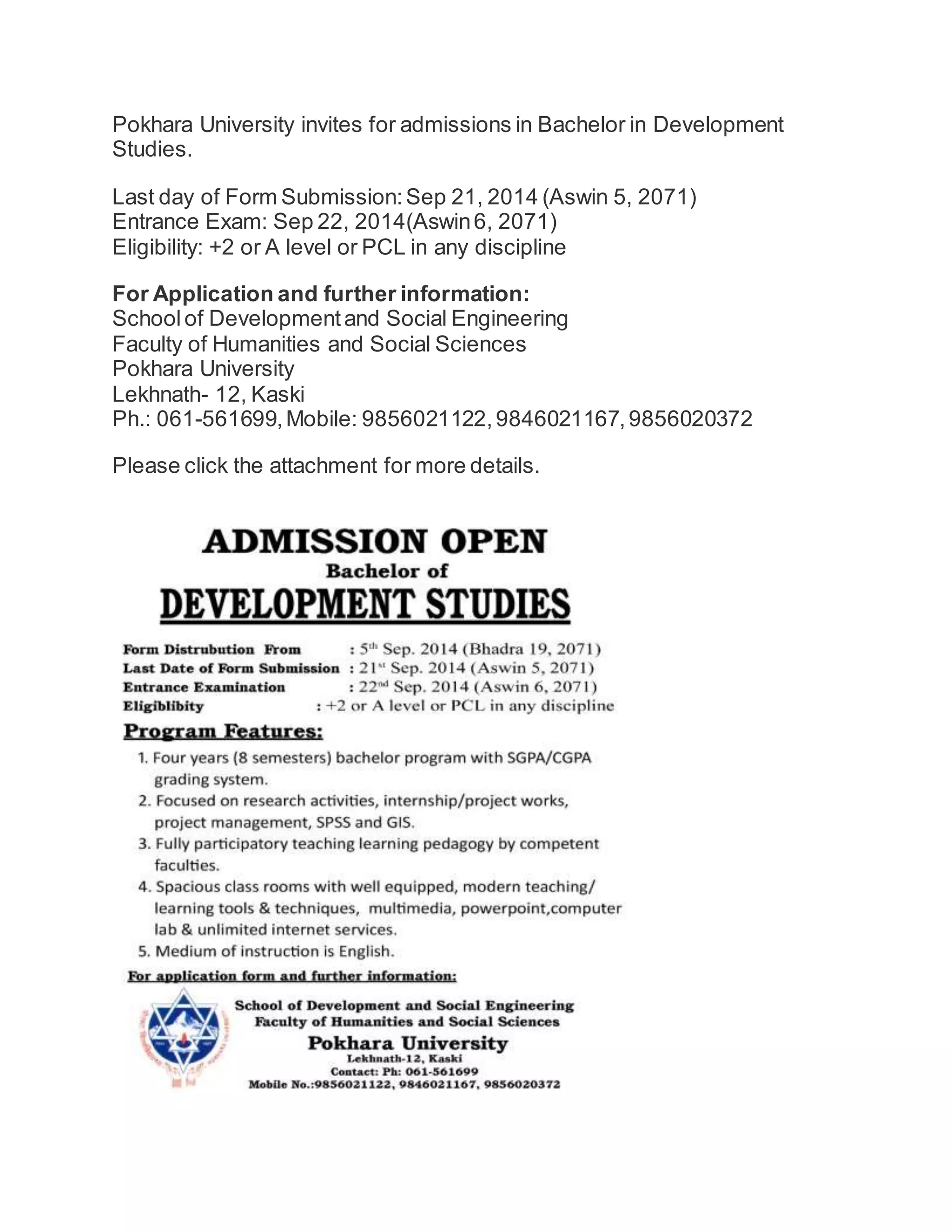 Admissions open at Pokhara university in Bachelor of Development ...