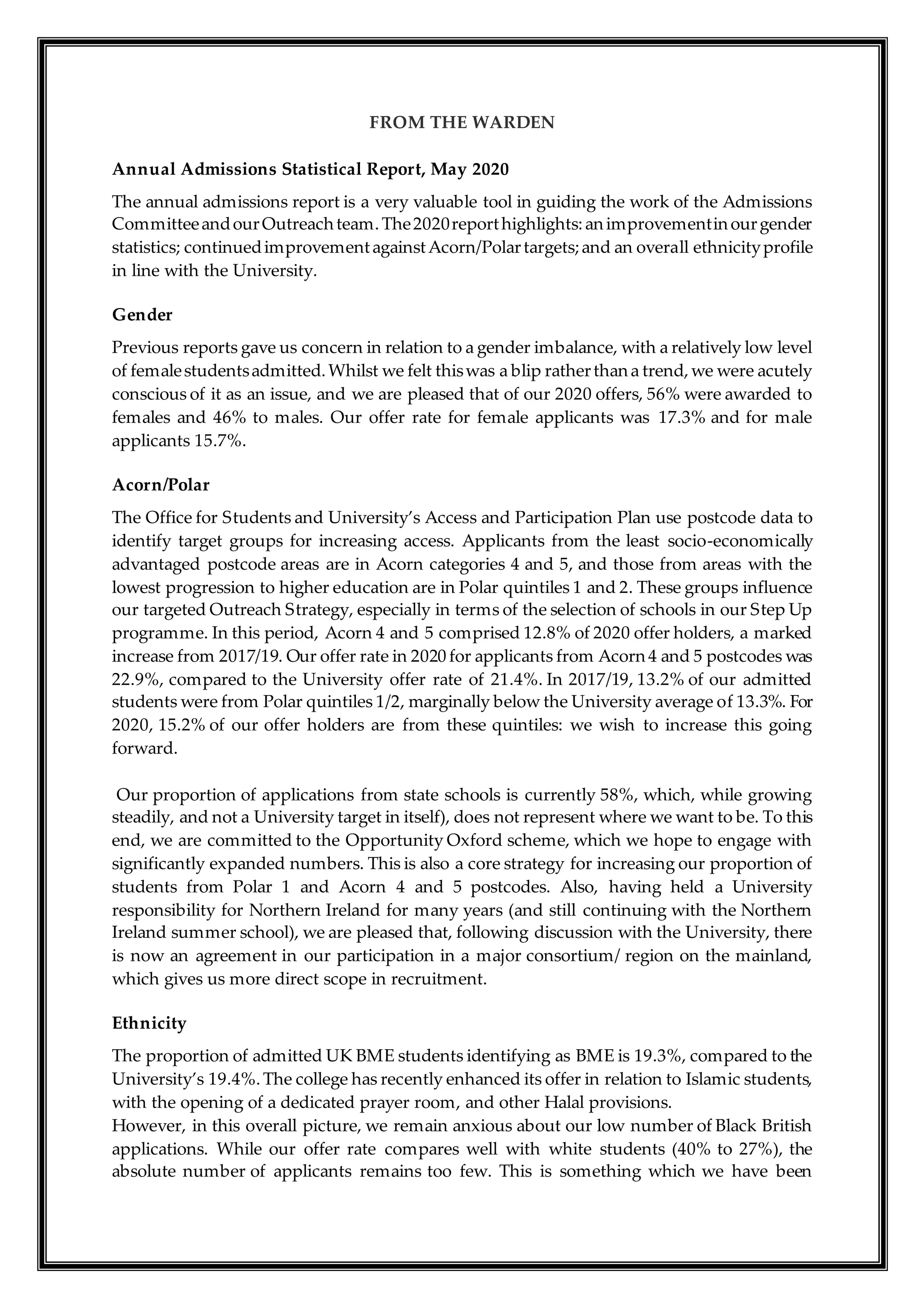 Admissions Report: Warden's Statement | PDF