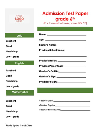 Proposed Admission test paper for gr 6 | PDF