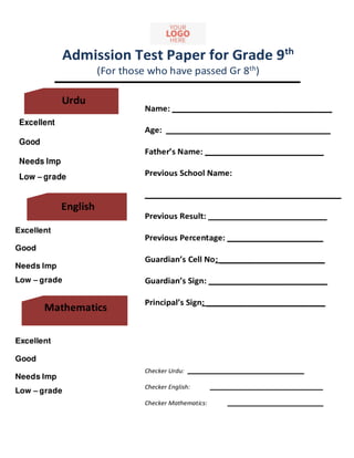 Proposed Admission test paper for gr 9 | PDF