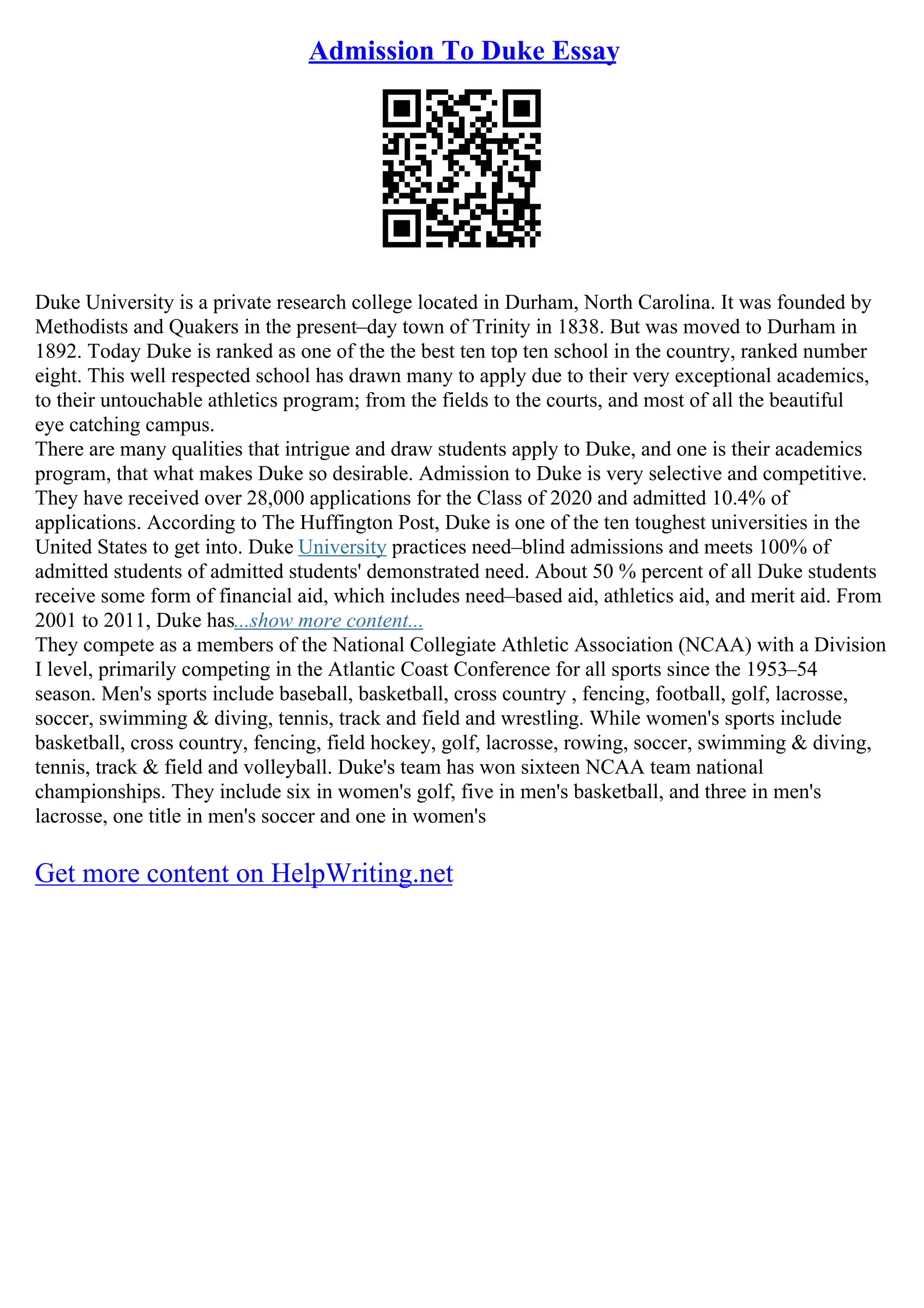 Admission To Duke Essay | PDF