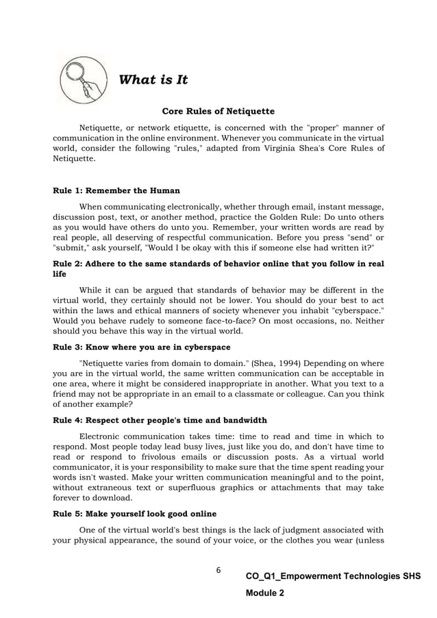 Admshs emp tech_q1_m2_netiquettes | PDF | Internet for Beginners | Internet