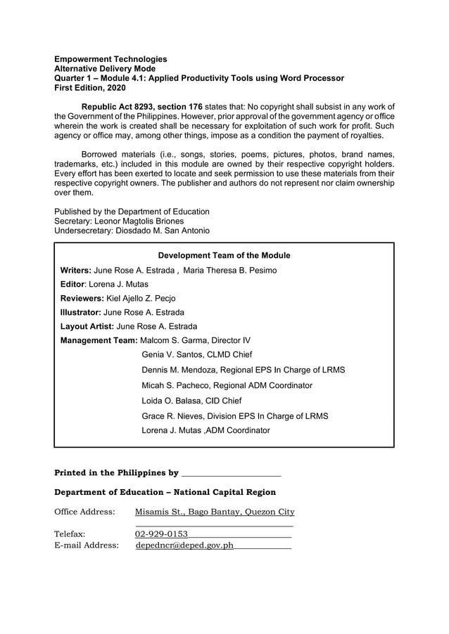 ADMSHS_Emp_Tech_Q1_M4_L1-Applied-productivity-tools-using-Word.pdf | Desktop Publishing ...