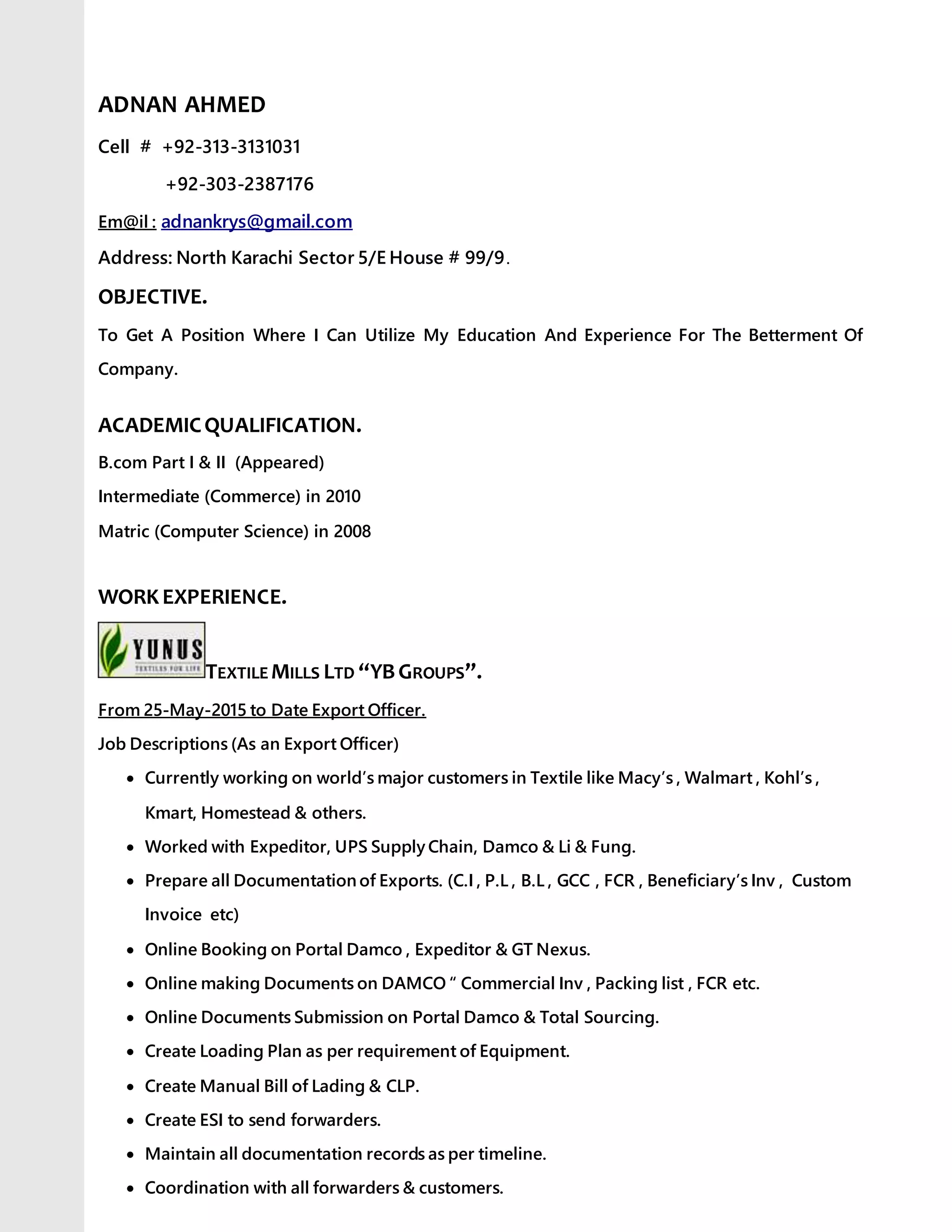 Adnan ahmed cv-1.doc | Logistics | Business