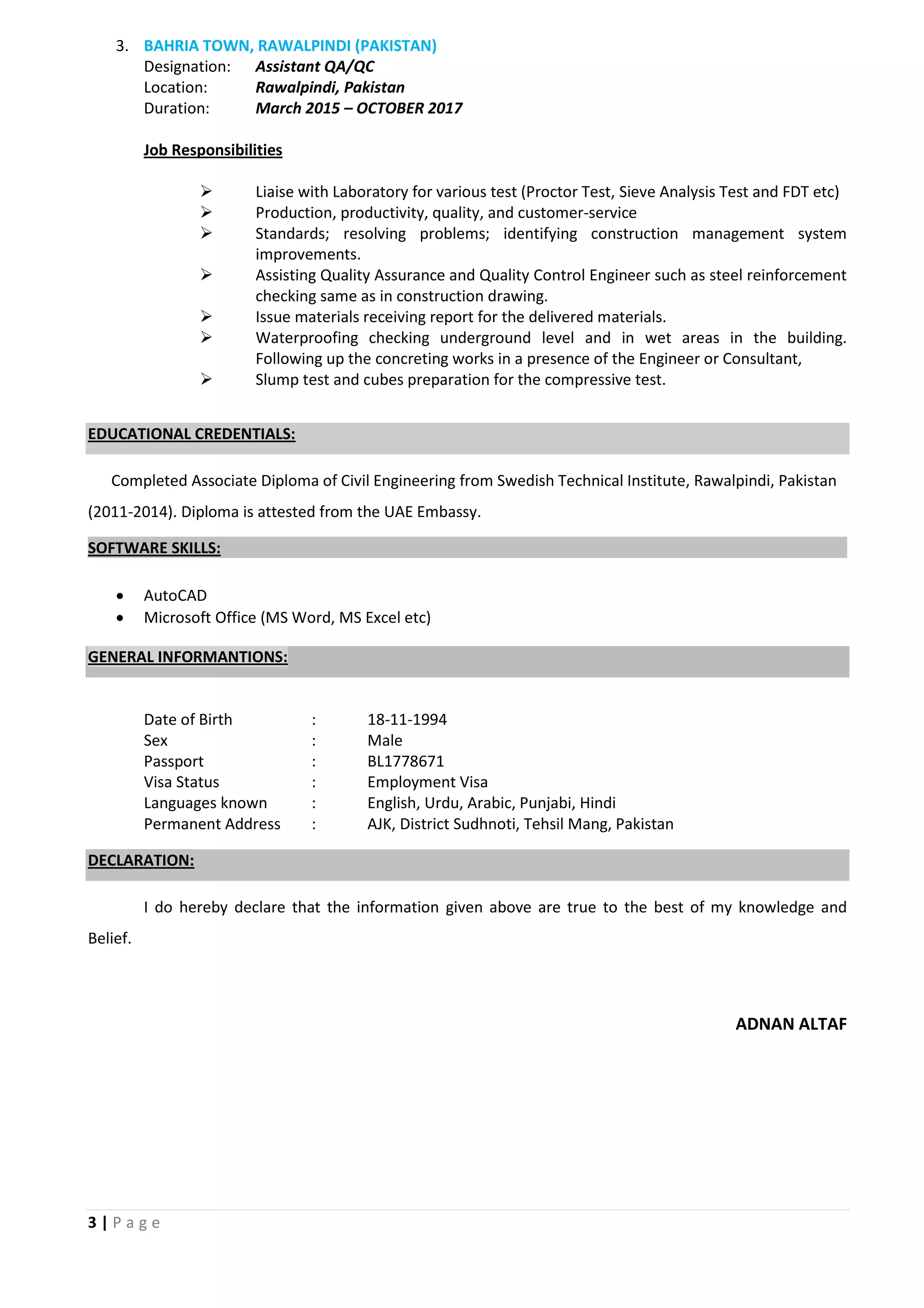 CV of Adnan Altaf ( QA QC Inspector ) | PDF