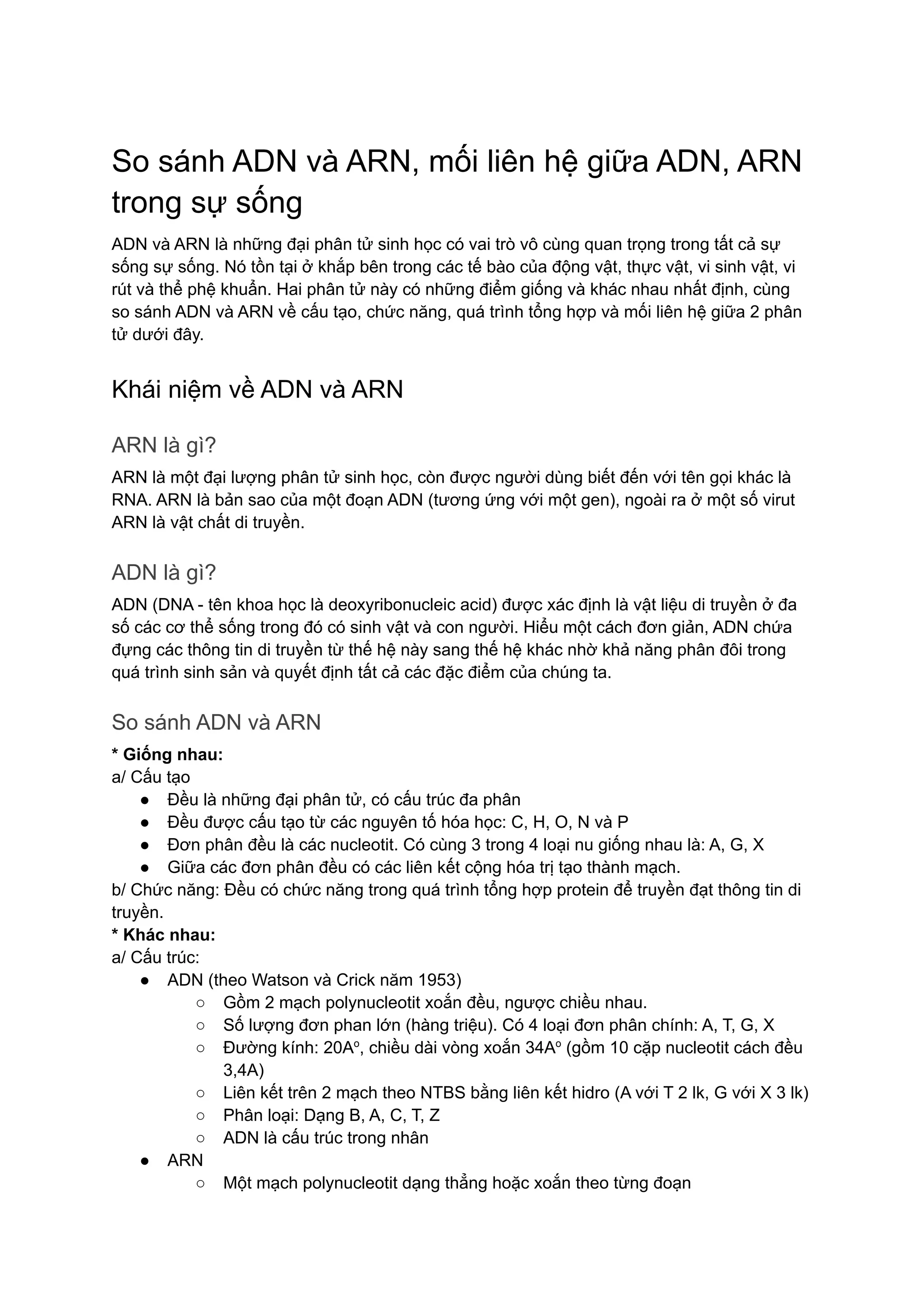 So sánh ADN và ARN, mối liên hệ giữa ADN, ARN trong sự sống | PDF