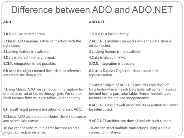 Ado.Net Tutorial | PPTX | Databases | Computer Software and Applications